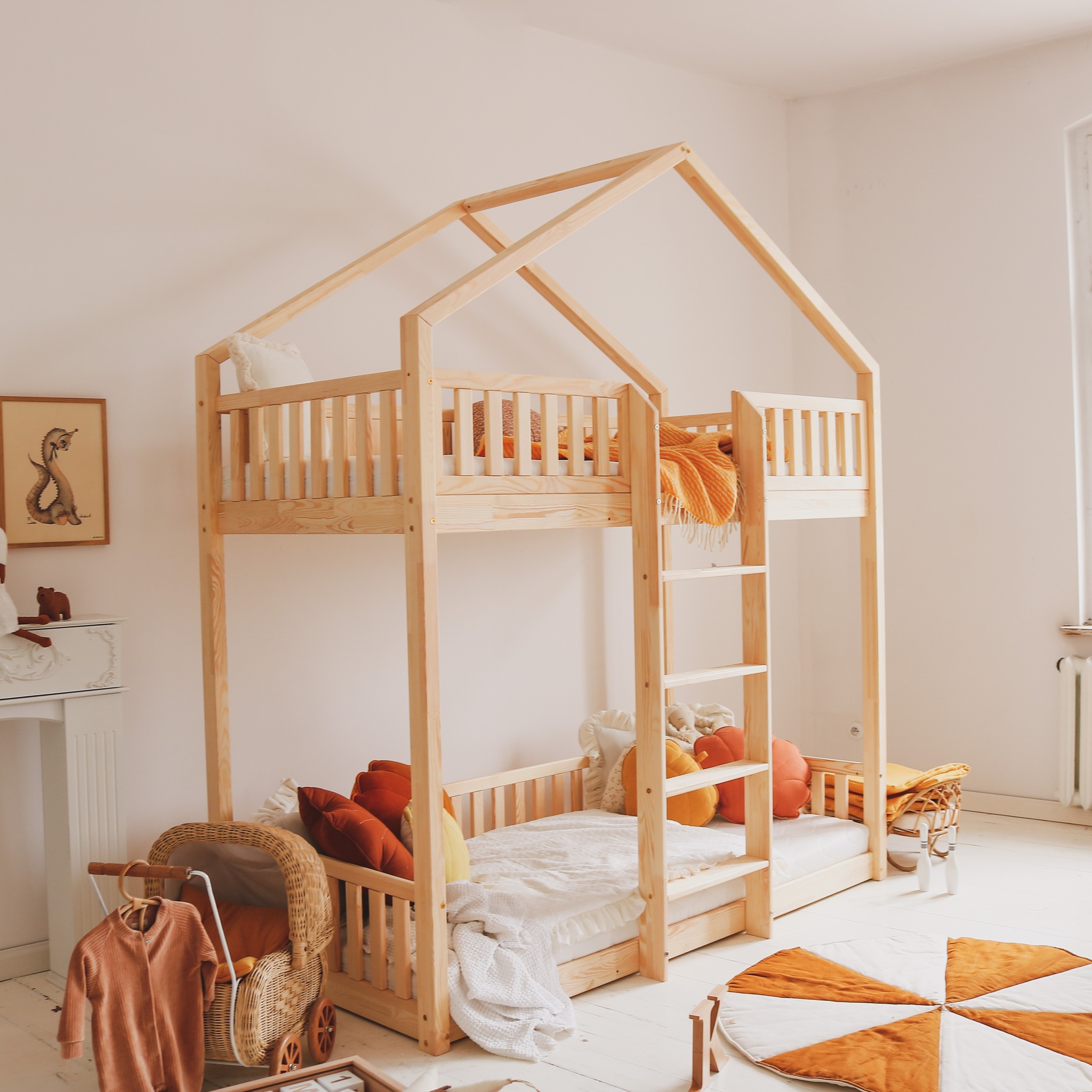 Lit maison superposé 190 x 90 cm avec sommier en bois naturel - Baby ...